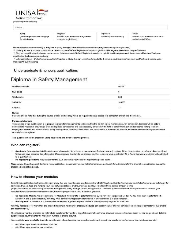UNISA Diploma in Safety Management (NQF 6) | PDF