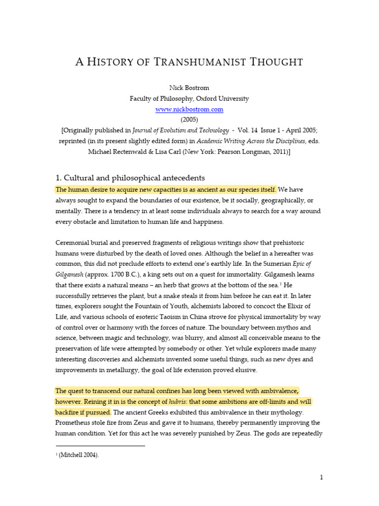 Bostrom - A History of Transhumanist Thought | PDF | Transhumanism ...