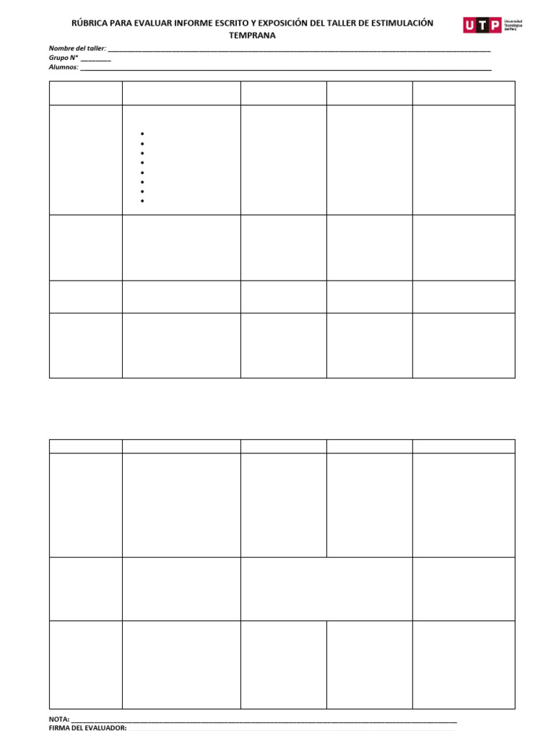Rúbrica para Evaluar Taller de Estimulación Temprana Trabajo Final | PDF | Comunicación humana ...