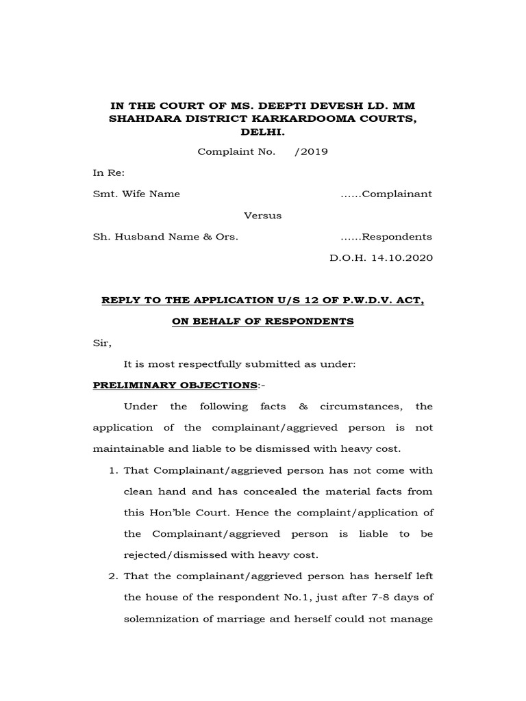 Reply of DV Case Format Sample | PDF | Affidavit | Complaint