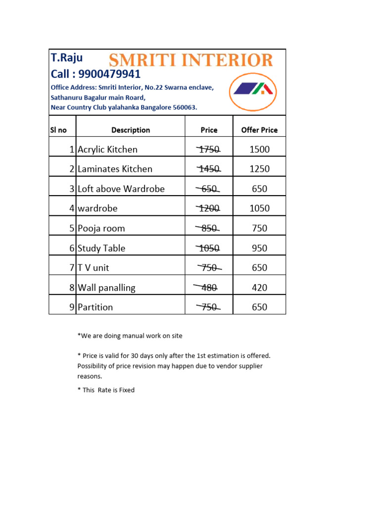 Smriti Interior Price List | PDF