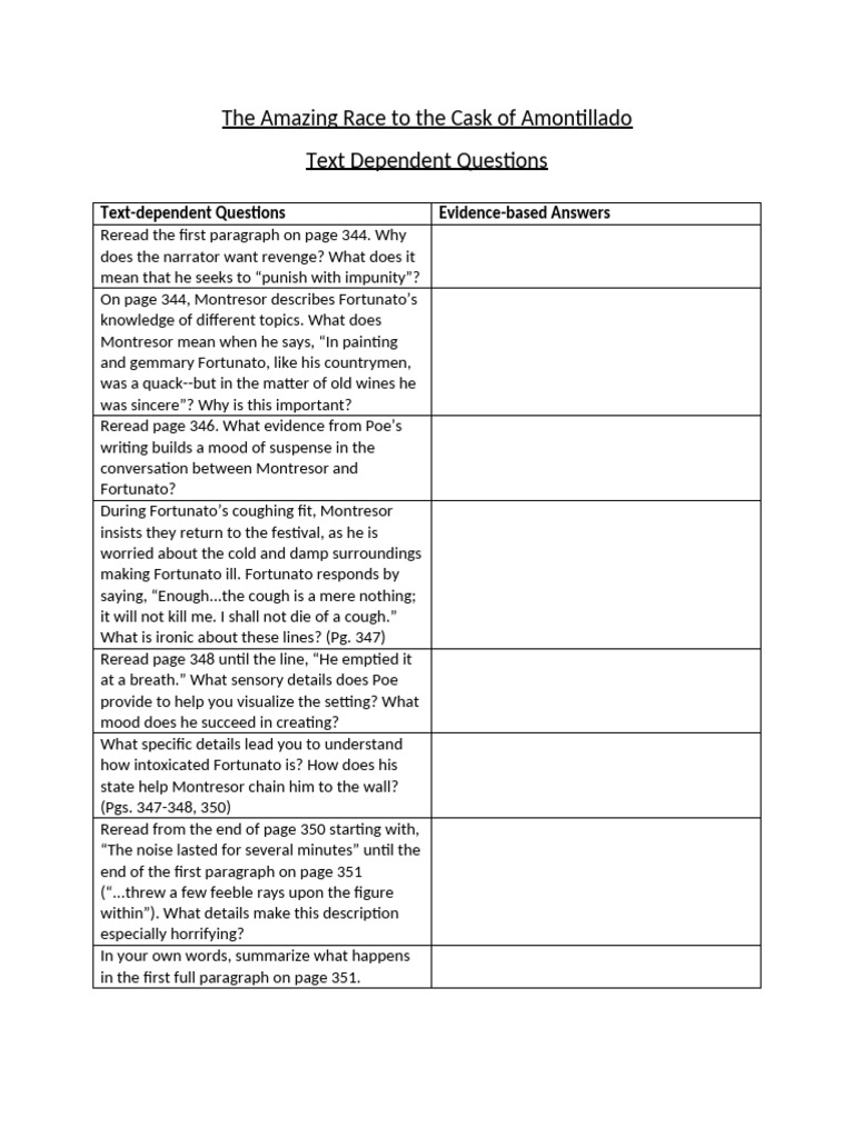 The Amazing Race To The Cask of Amontillado-Student Worksheet | PDF