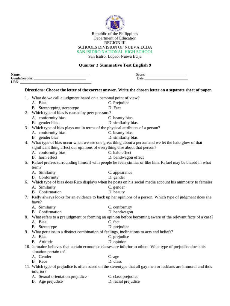 SUMMATIVE Quarter 2 Week 1docx | PDF | Bias | Prejudices