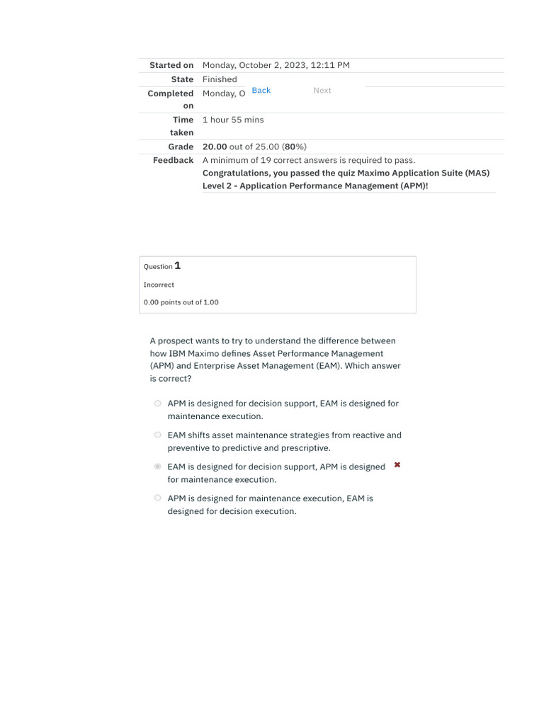 Maximo Application Suite (MAS) Level 2 - Application Performance Management (APM) Quiz_ Attempt ...