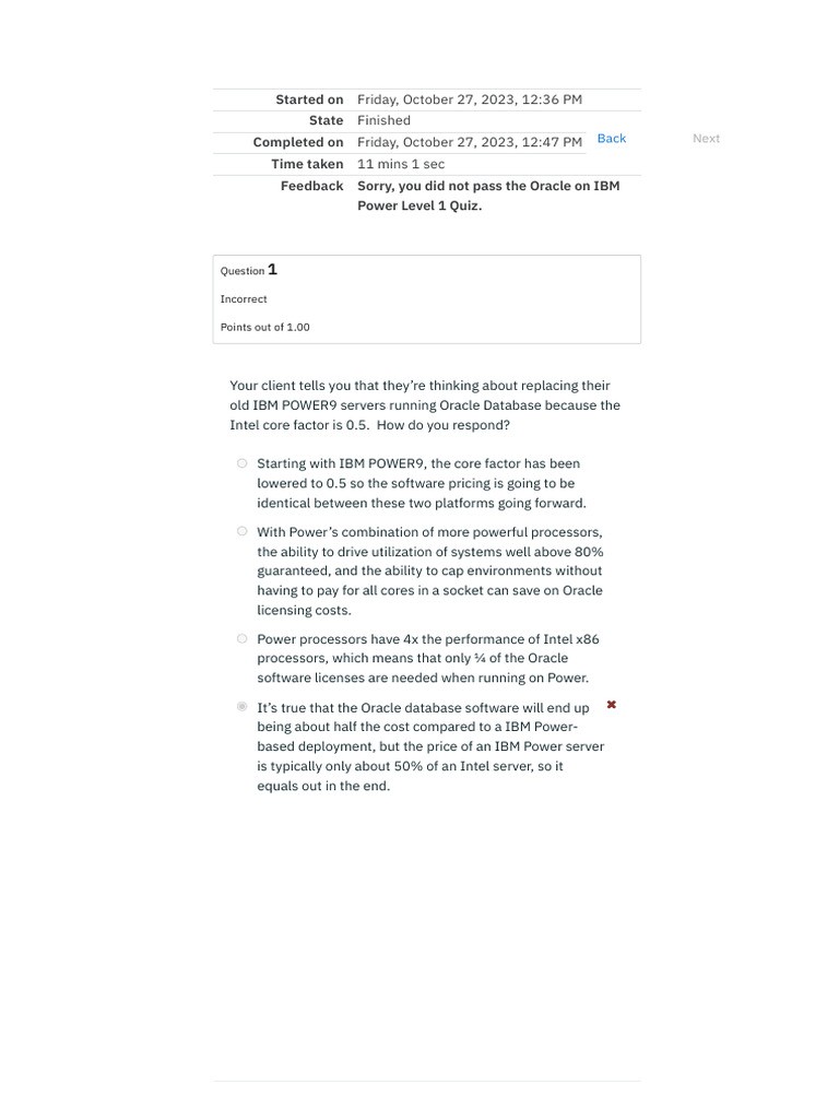 Oracle on IBM Power Level 1 Quiz_ Attempt review | PDF | Virtualization | Oracle Corporation