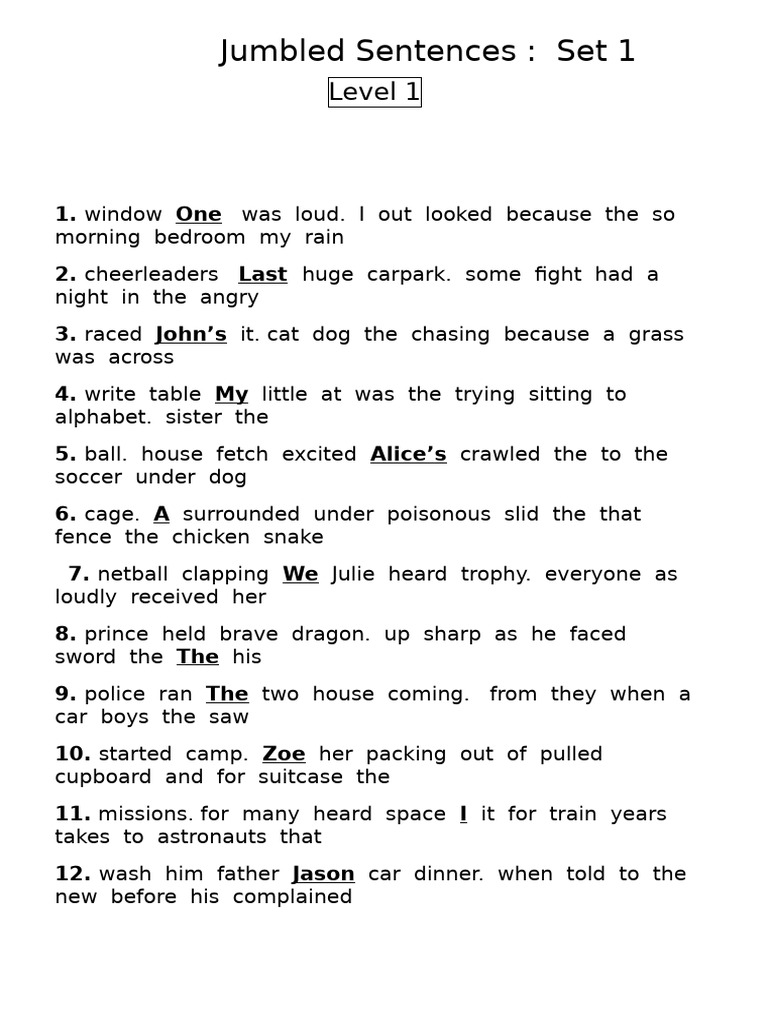 Jumbled Sentences: Set 1: Level 1 | PDF