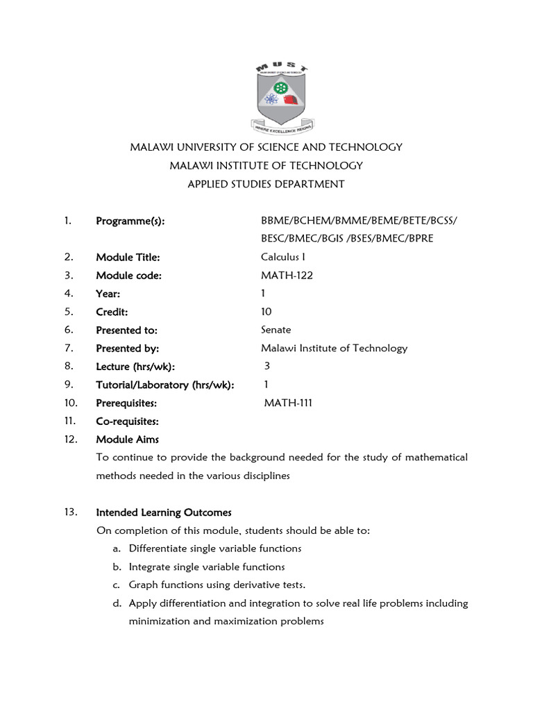 1 MATH-122 Course Outline | PDF | Integral | Derivative