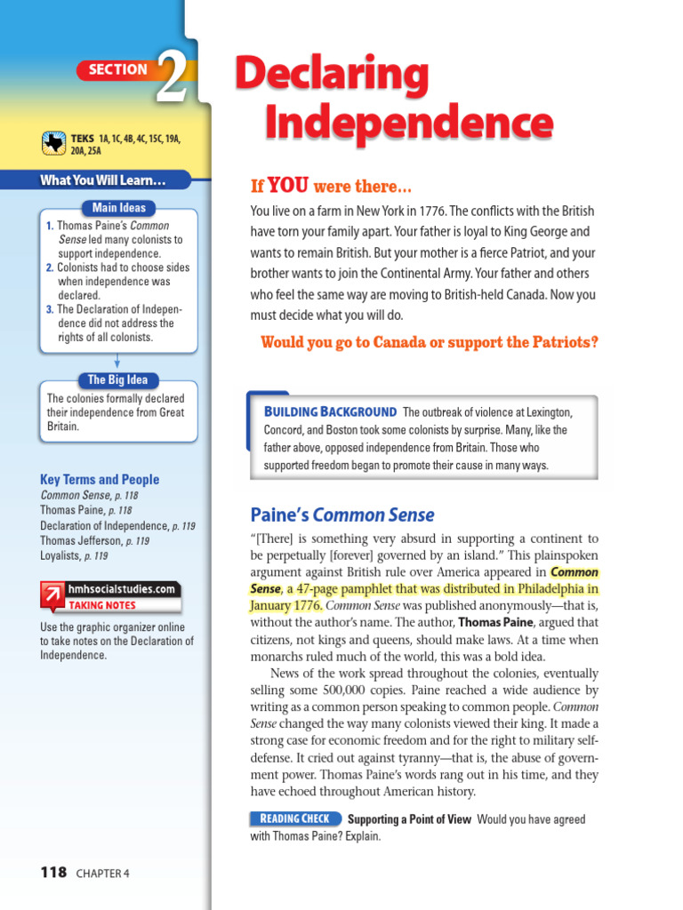 Chapter 4 Section 2 Reading | PDF | United States Declaration Of ...