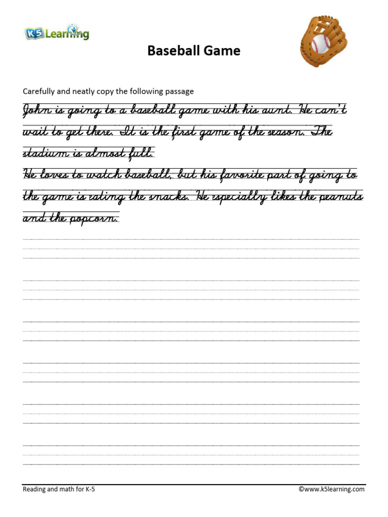 cursive writing - baseball game passage | PDF