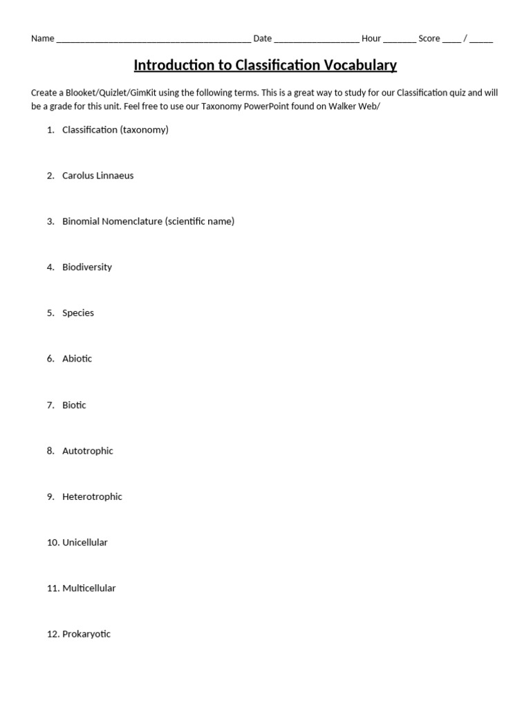 Classification Vocabulary Study Guide | PDF