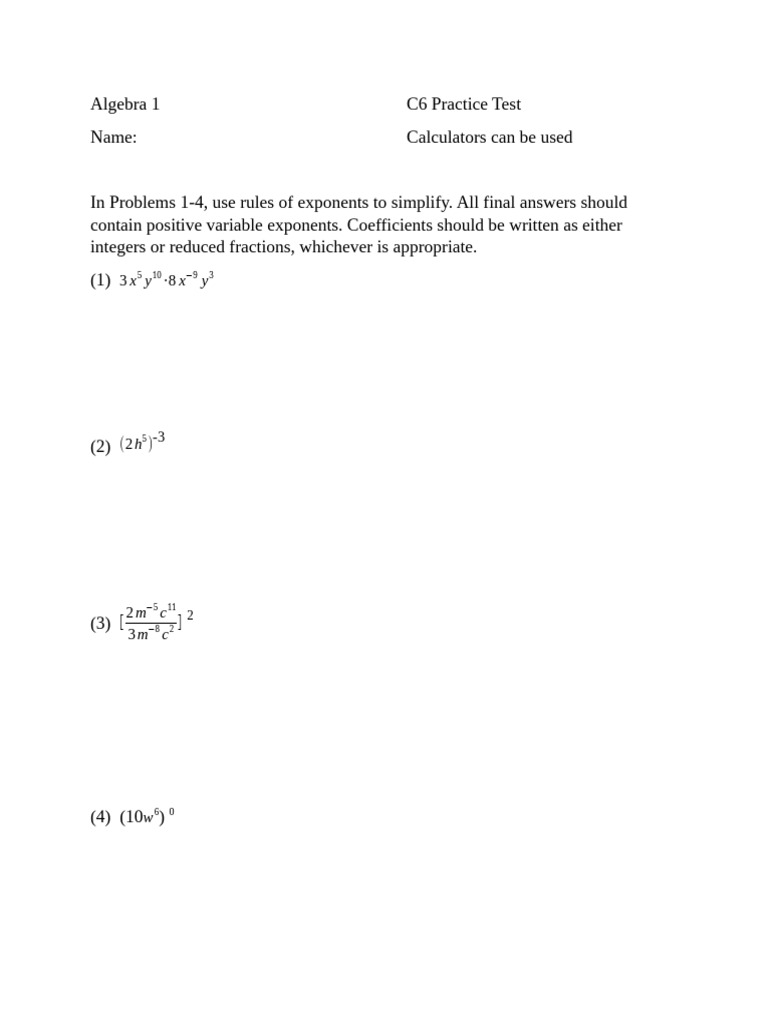 Algebra 1 C6 Practice Test Guide | PDF