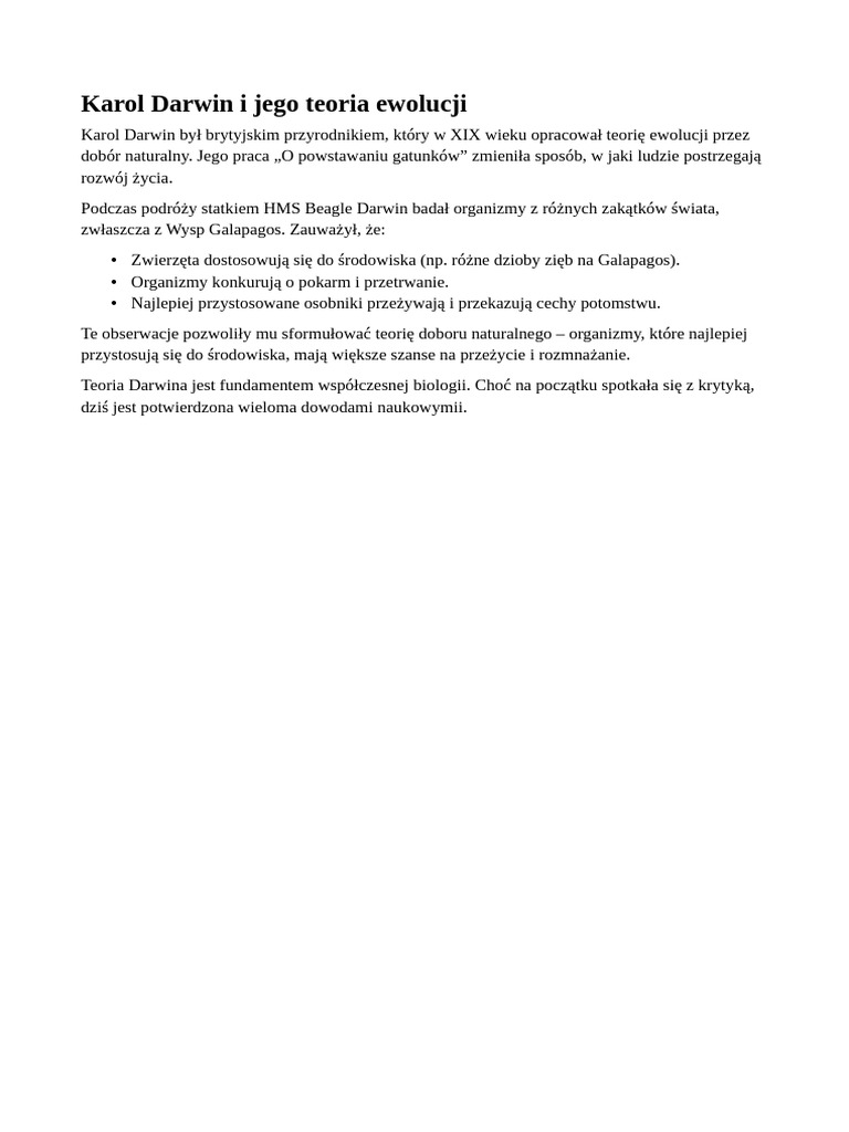 Karol Darwin I Jego Teoria Ewolucji | PDF