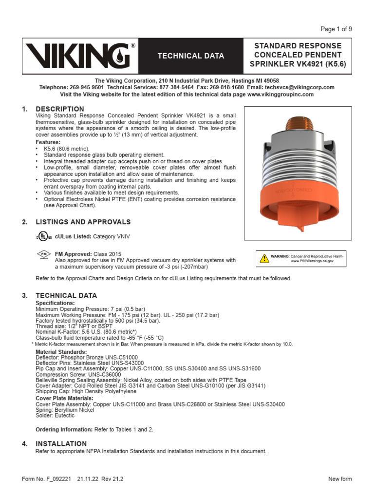 VK4921 Concealed Pendent Sprinkler Data | PDF | Fire Sprinkler System ...