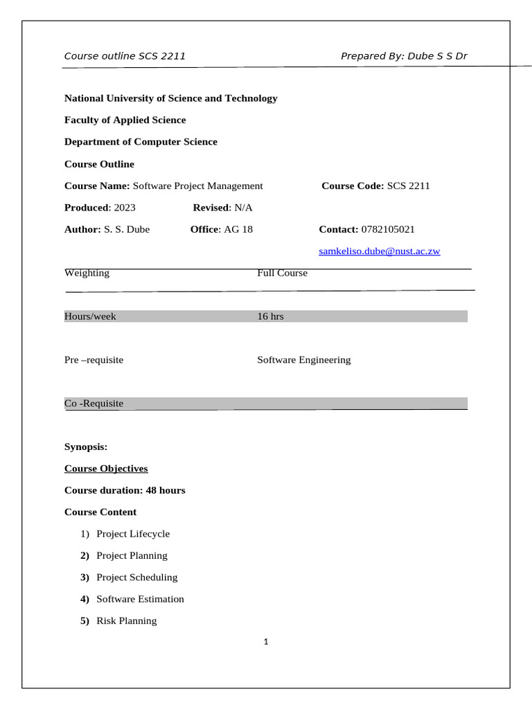 SCS 2211 SPM NEW COURSE OUTLINE 2024 (1) | PDF