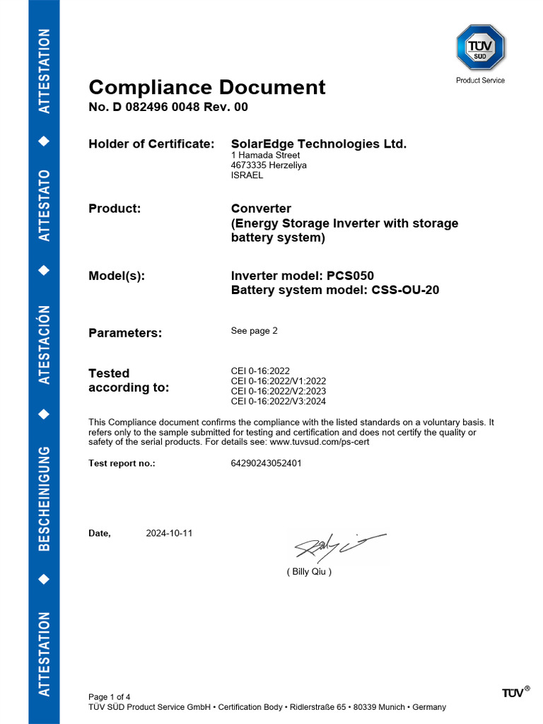 06 Solaredge Css Od Battery Inverter Grid Certificate Italy | PDF | Power Inverter | Electrical Grid