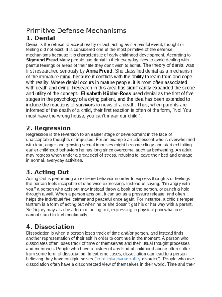Primitive Defense Mechanisms Guide | PDF | Thought | Psychology