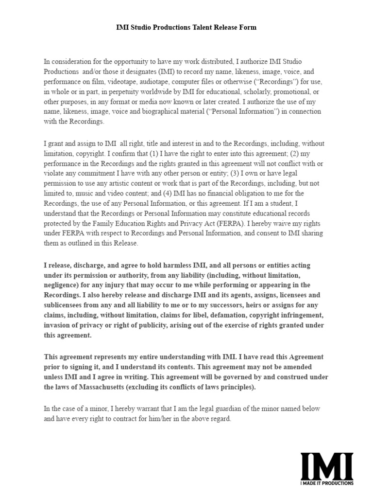IMI Studio Productions Talent Release Form (1) (1) | PDF | Defamation ...