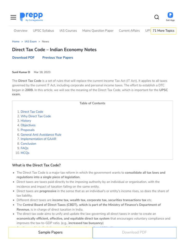 Direct Tax Code Overview for UPSC Exam | PDF | Taxes | Direct Tax