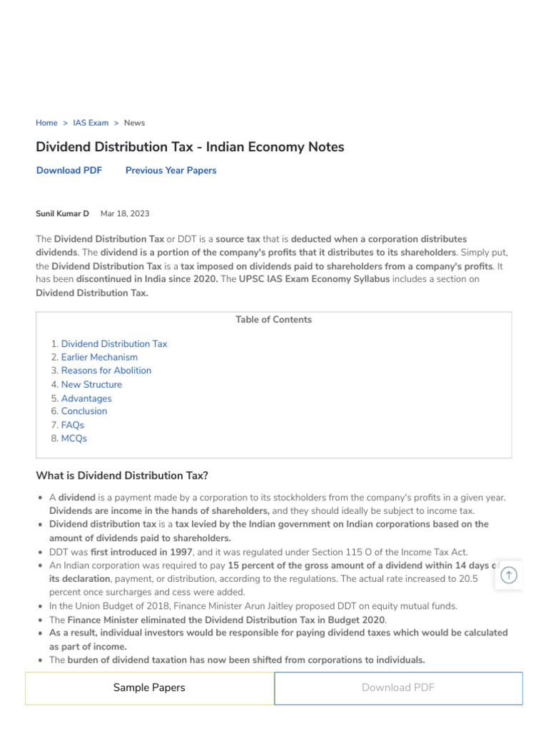 Dividend Distribution Tax - Indian Economy Notes | PDF | Dividend | Taxes