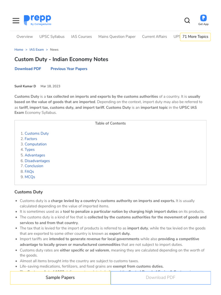 Custom Duty - Indian Economy Notes | PDF | Taxes | Tariff