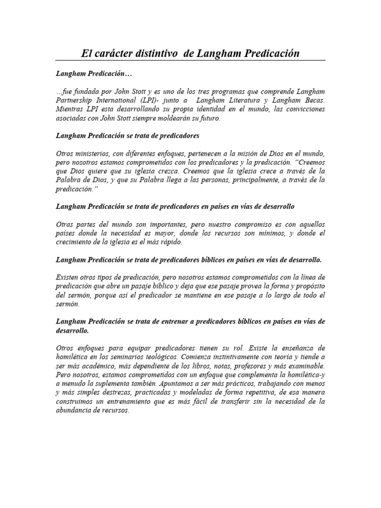 Caracter Distintivo de Langham Predicacion | PDF