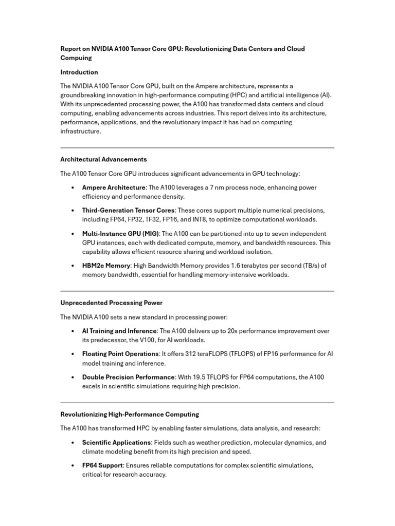 Report On Nvidia A100 Tensor Core Gpu | PDF | Artificial Intelligence | Intelligence (AI ...