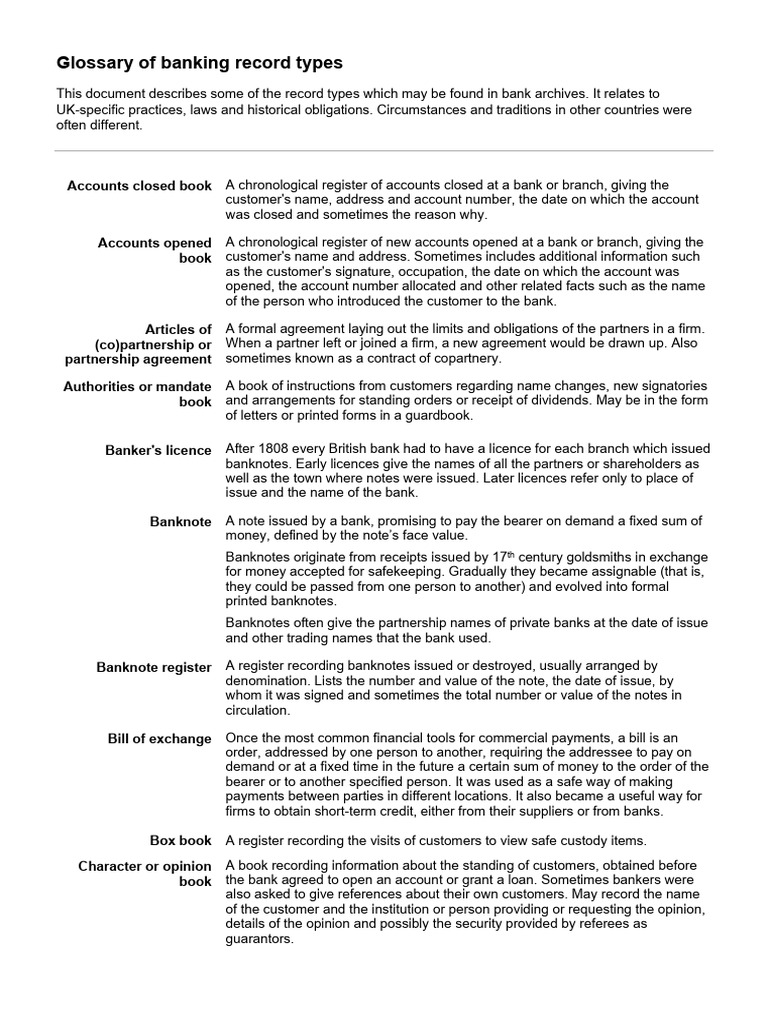 Glossary of Banking Record Types | PDF | Banks | Cheque