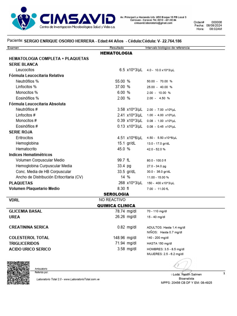 Sergio Enrique Osorio Herrera 44 A 08-08-2024 000006 | PDF | Hematología | Leucocito