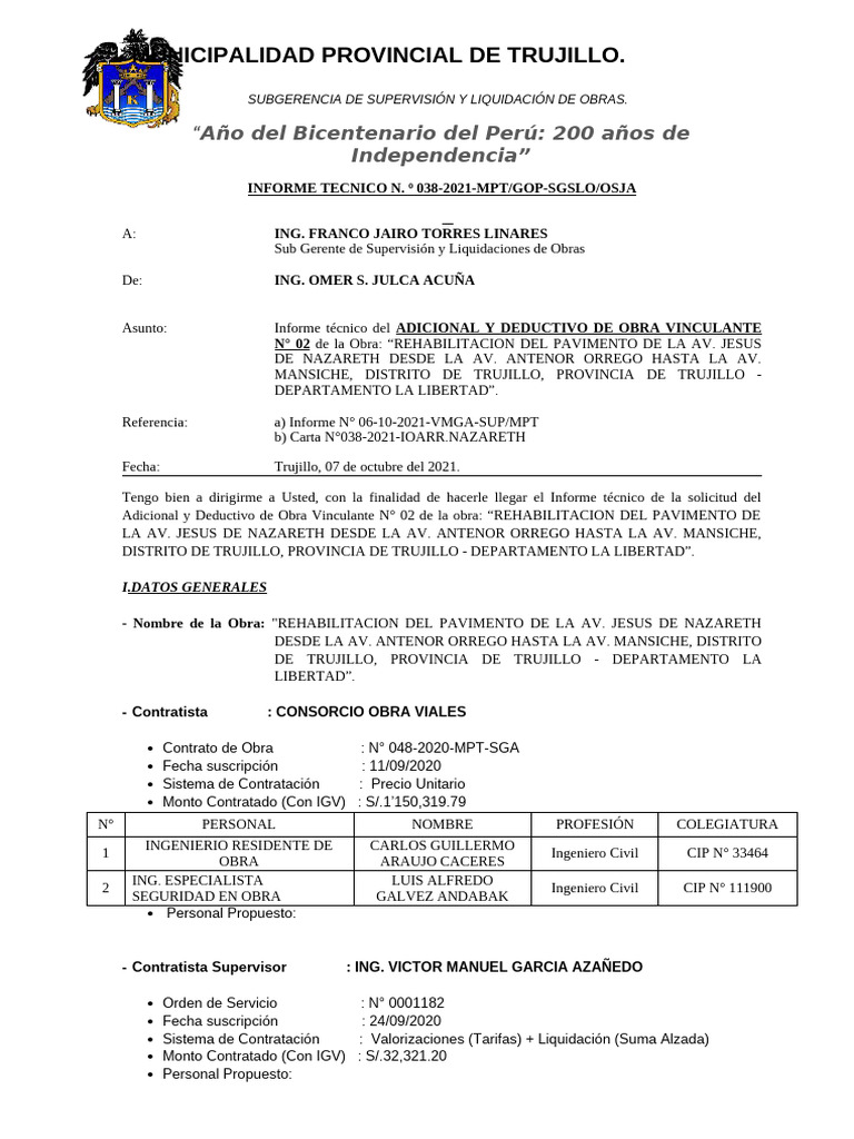 Inf Tec Nº38-2021 Osja-Adic 2 Nazareth | PDF | Presupuesto | Perú