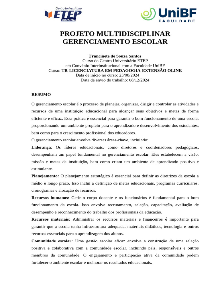 Modelo de Projeto Multidisciplinar GERENCIAMENTO ESCOLAR - Francinete | PDF | Pedagogia ...
