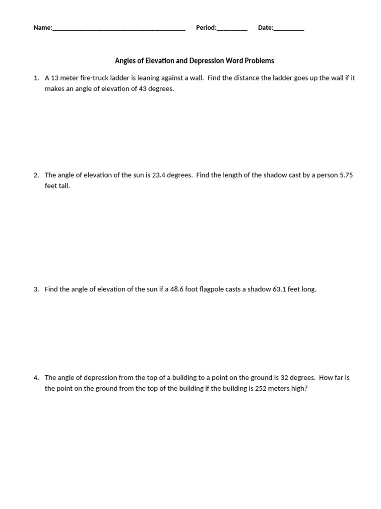 Angles of Elevation and Depression Word Problems Ws - Blank | PDF