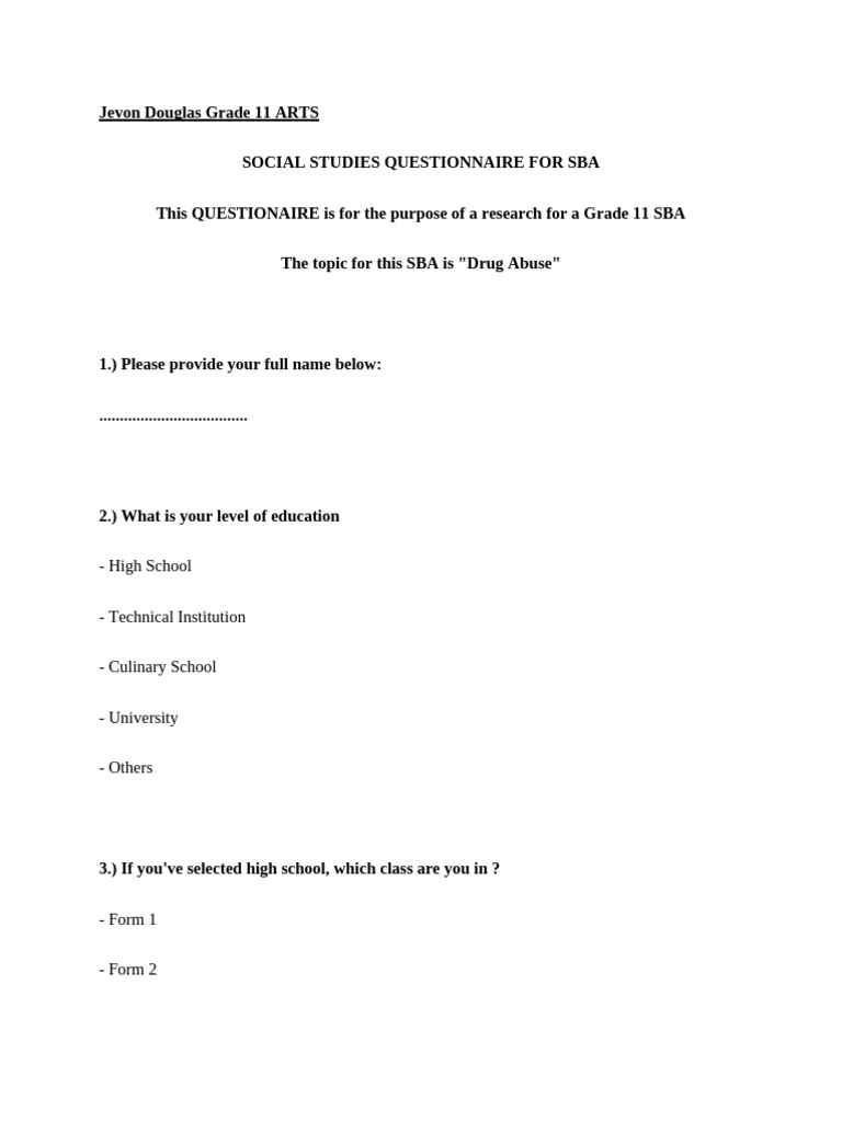 Social Studies Questionnaire Jevon For SBA - Jevon Douglas | PDF