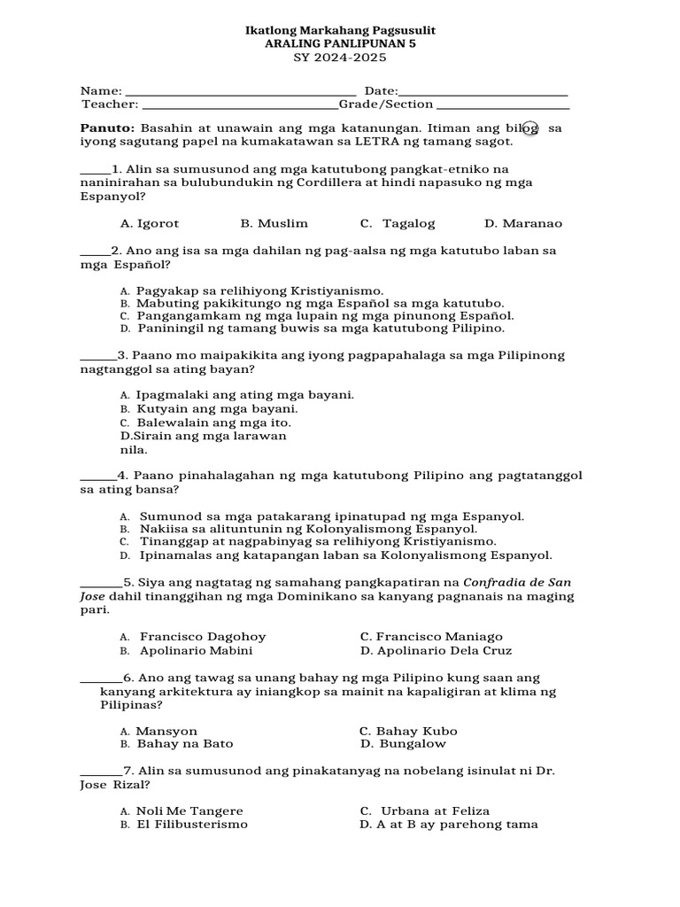 AP Grade 5 Q3 PT | PDF