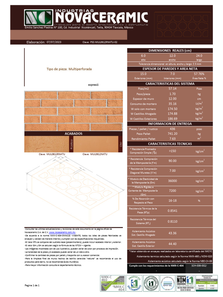 Ficha Técnica de Tabique Multiperforado | PDF | Ingeniería de ...