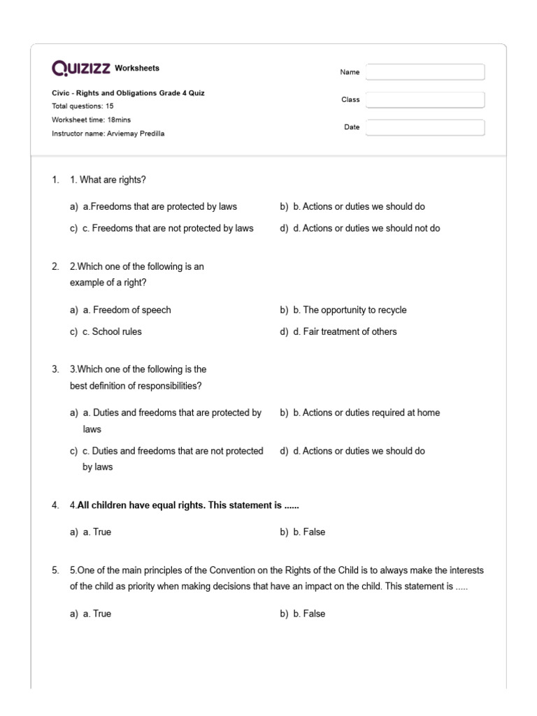 Civic - Rights and Obligations Grade 4 Quiz - Quizizz | PDF | Children ...