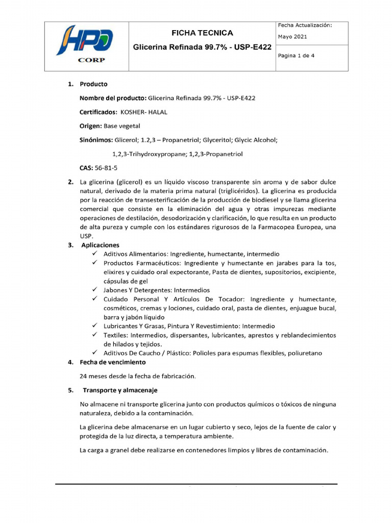 Glicerina Ficha Tecnica | PDF
