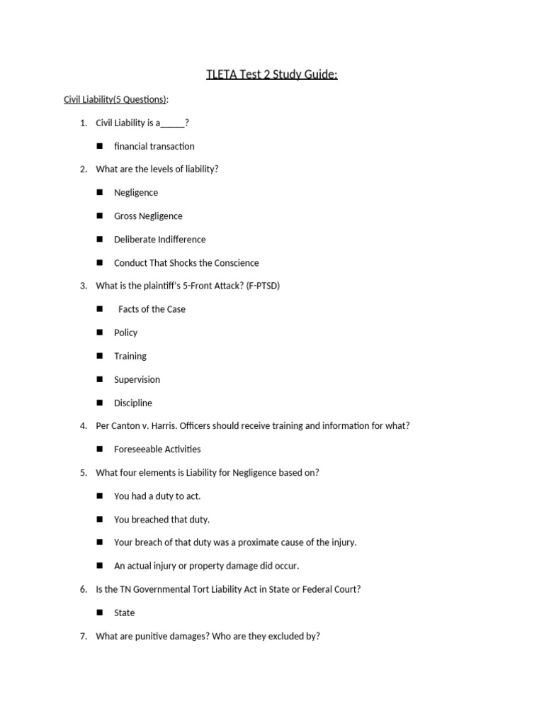 Tleta Week 2 Study Guide Complete | PDF | Restraining Order | Negligence
