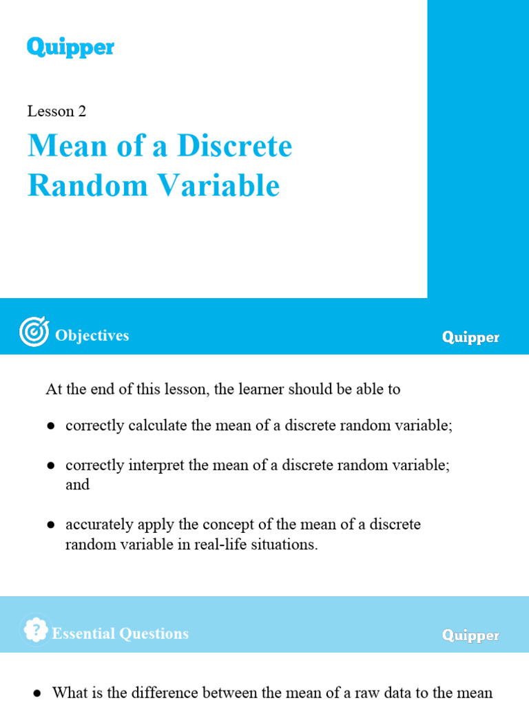 Lesson 2 - Mean of Discrete Random Variables | PDF | Mean | Probability ...