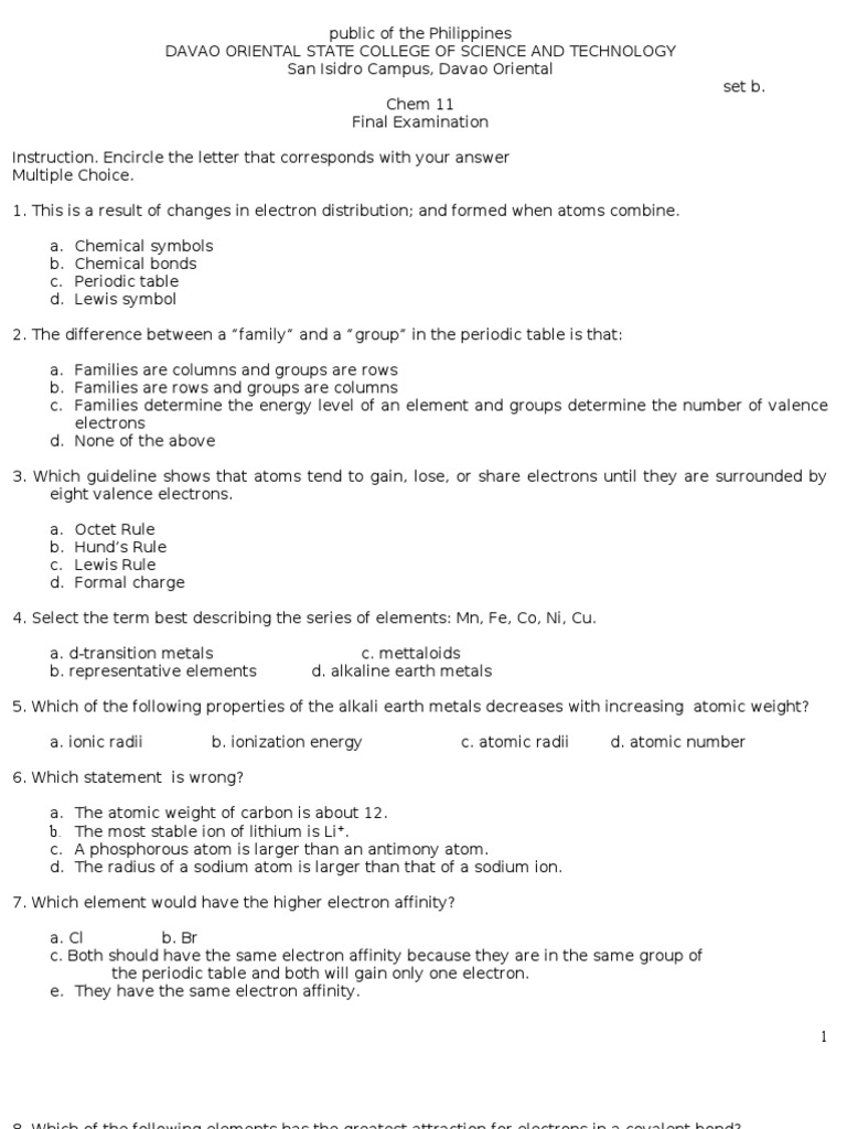 PrELIM EXAM CHEMISTRY | PDF | Chemical Bond | Ion