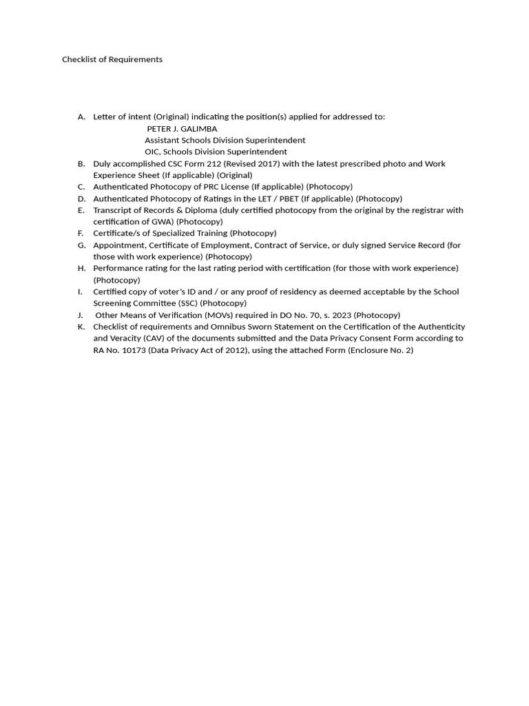 Application Document Requirements Checklist | PDF