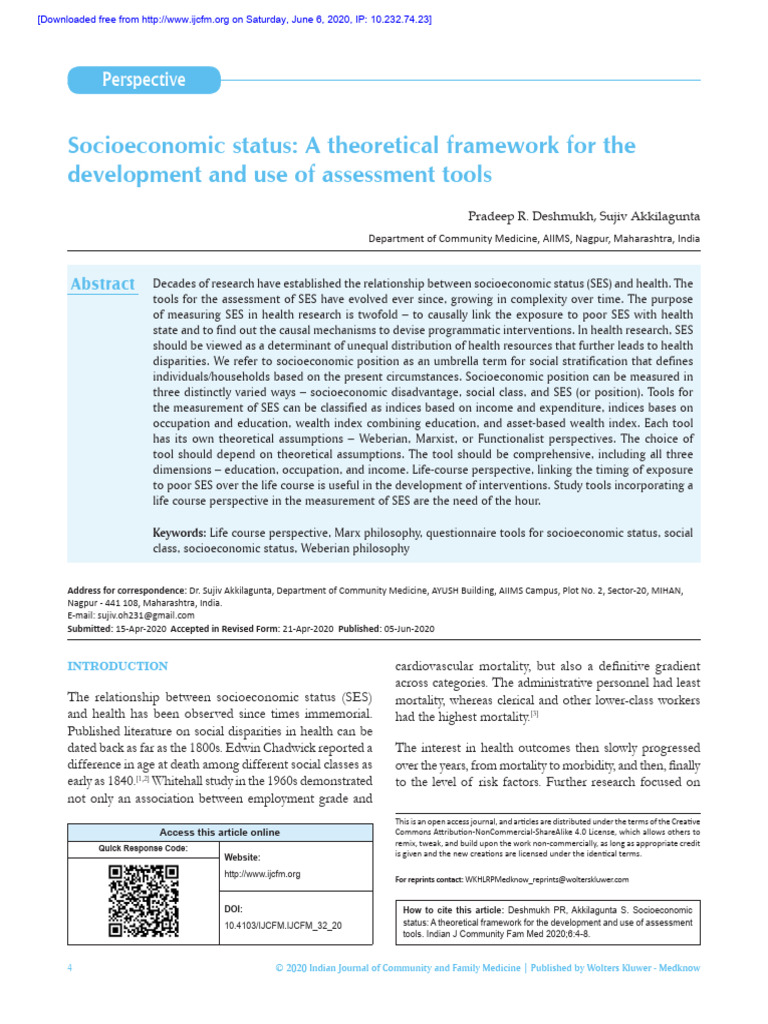 Socioeconomic Status A Theoretical Framework For T | PDF ...