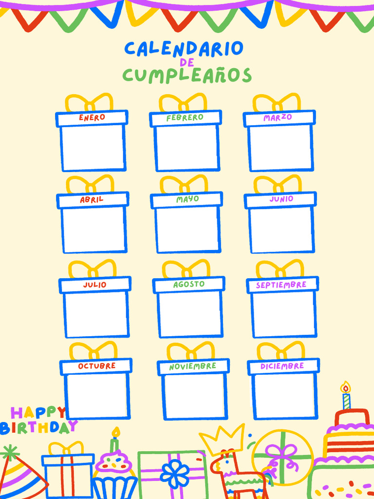 Cartel Calendario de Cumpleaños Ilustrado Regalos Azul y Amarillo | PDF