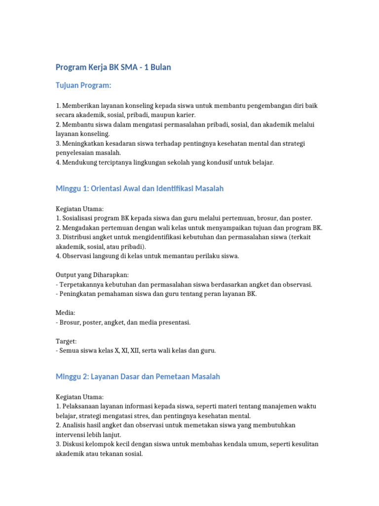 Program Kerja BK SMA 1 Bulan Lengkap | PDF