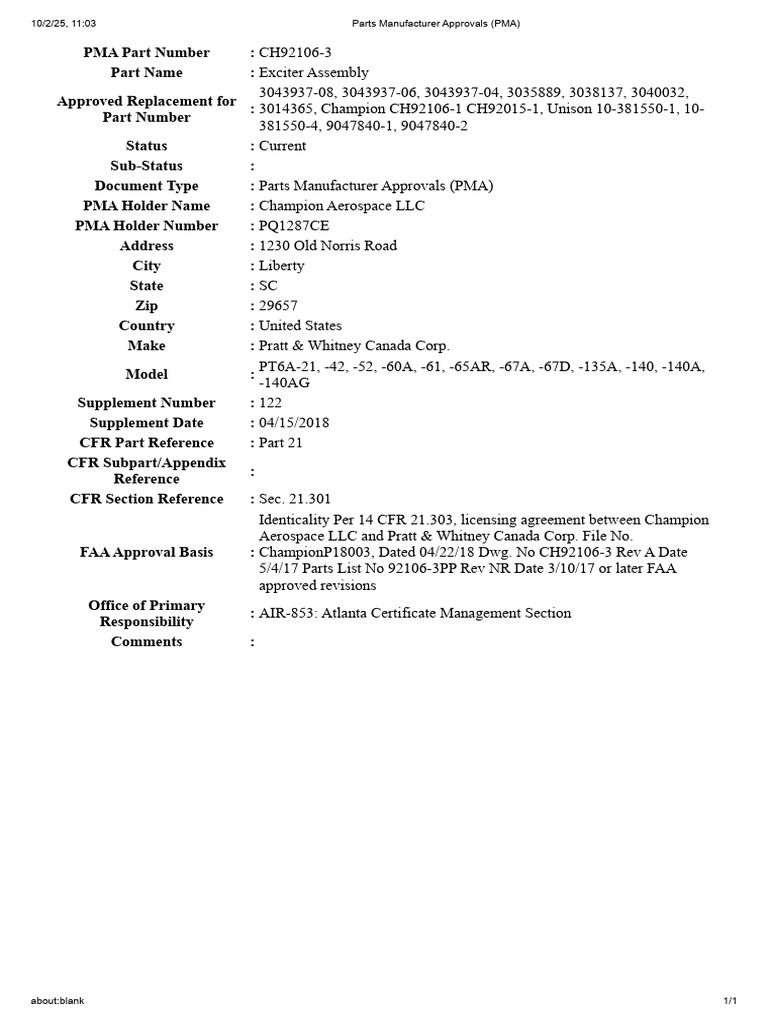Parts Manufacturer Approvals (PMA) | PDF