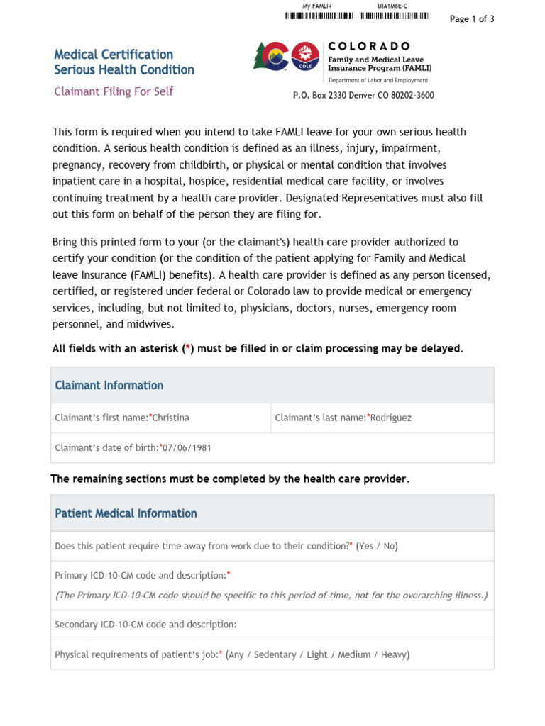 FAMLI Serious Health Condition Form | PDF | Health Care | Patient