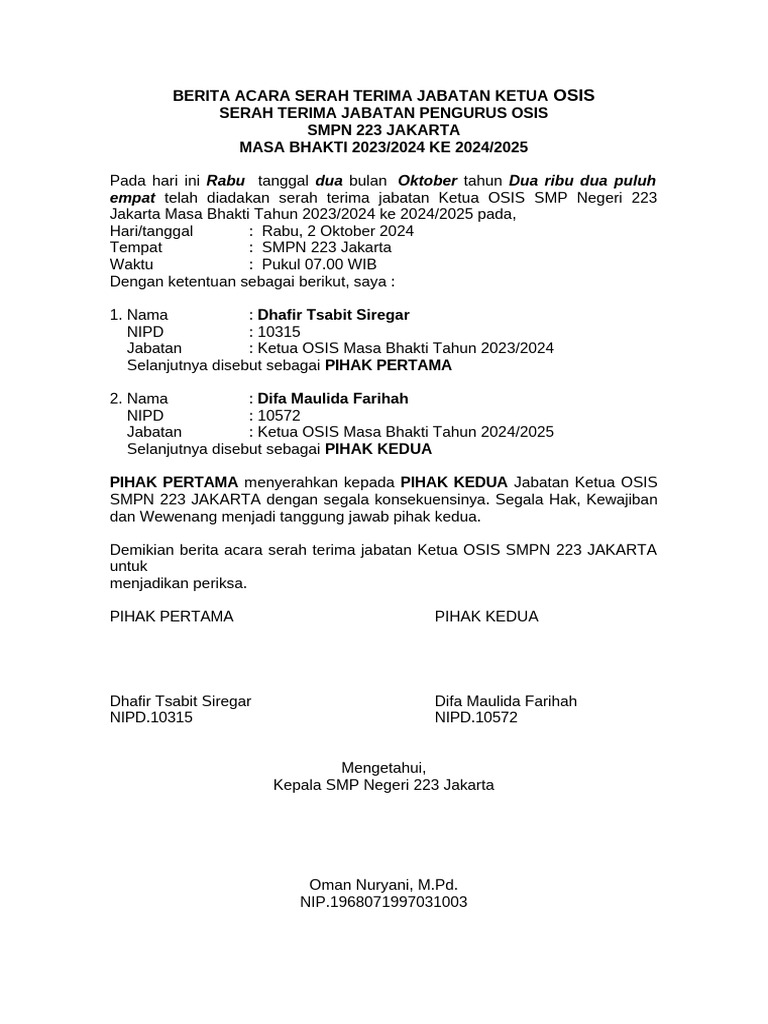 berita acara serah terima ketua osis-2024 | PDF