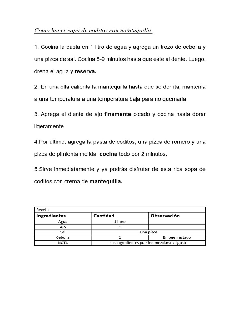 Como Hacer Sopa de Coditos Con Mantequilla | PDF