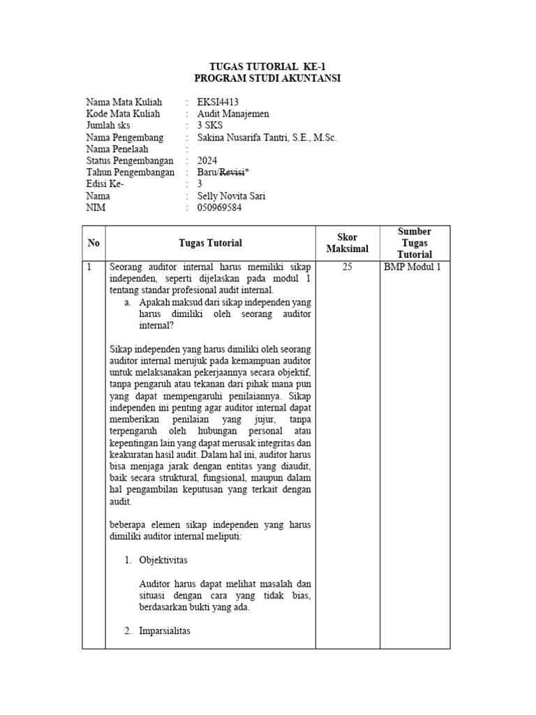 Sesi 3 Tugas 1 Eksi4413 Audit Manajemen Selly Novita Sari | PDF