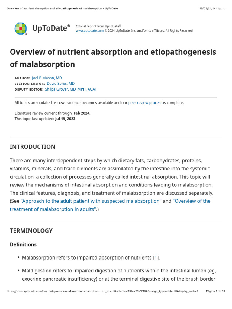 Overview of Nutrient Absorption and Etiopathogenesis of Malabsorption - UpToDate | PDF ...