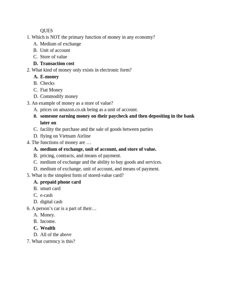 Functions and Types of Money Quiz | PDF